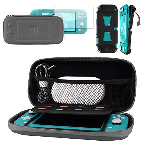 CoBak Carrying Case for Nintendo Switch Lite - with 1 Screen Protector, 1 Grip Case and 4 Thumb Grip Caps, Ultra Slim Premium EVA Travel Pouch Protective Cover, 8 Game Cartridges, Gray