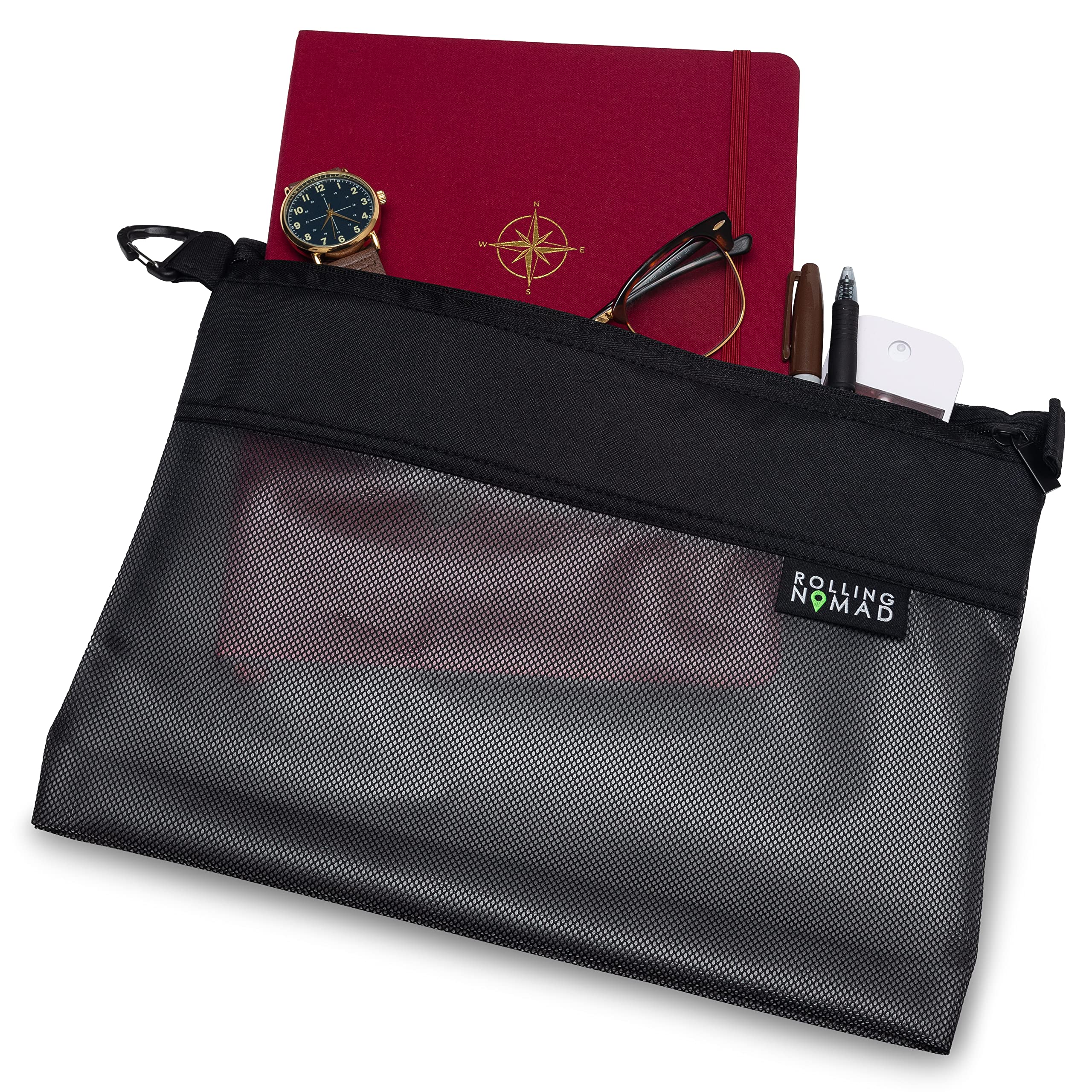 Rolling Nomad Large Zipper Pouch, Water-Resistant Mesh Bag, Black Travel Organizer, Toiletry, Storage, Cosmetics, Money Purse, Accesory, 14.2x10.2x0.4