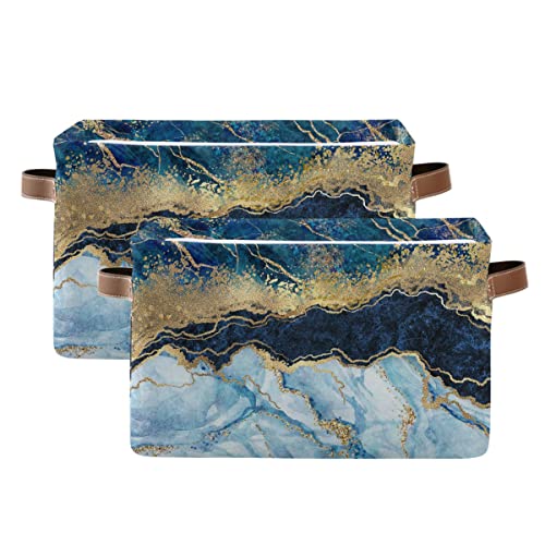 Blue Gold Marble Abstract Modern Square Storage Basket Storage Bins Canvas Storage Organizer Closet Shelf Organizer for Home Office, 2 Pc