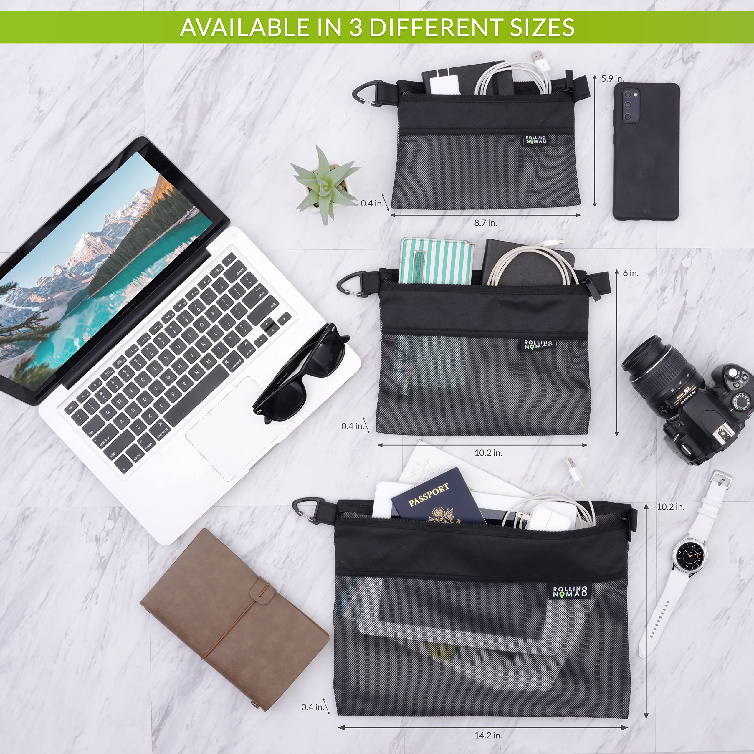 Rolling Nomad Large Zipper Pouch, Water-Resistant Mesh Bag, Black Travel Organizer, Toiletry, Storage, Cosmetics, Money Purse, Accesory, 14.2x10.2x0.4
