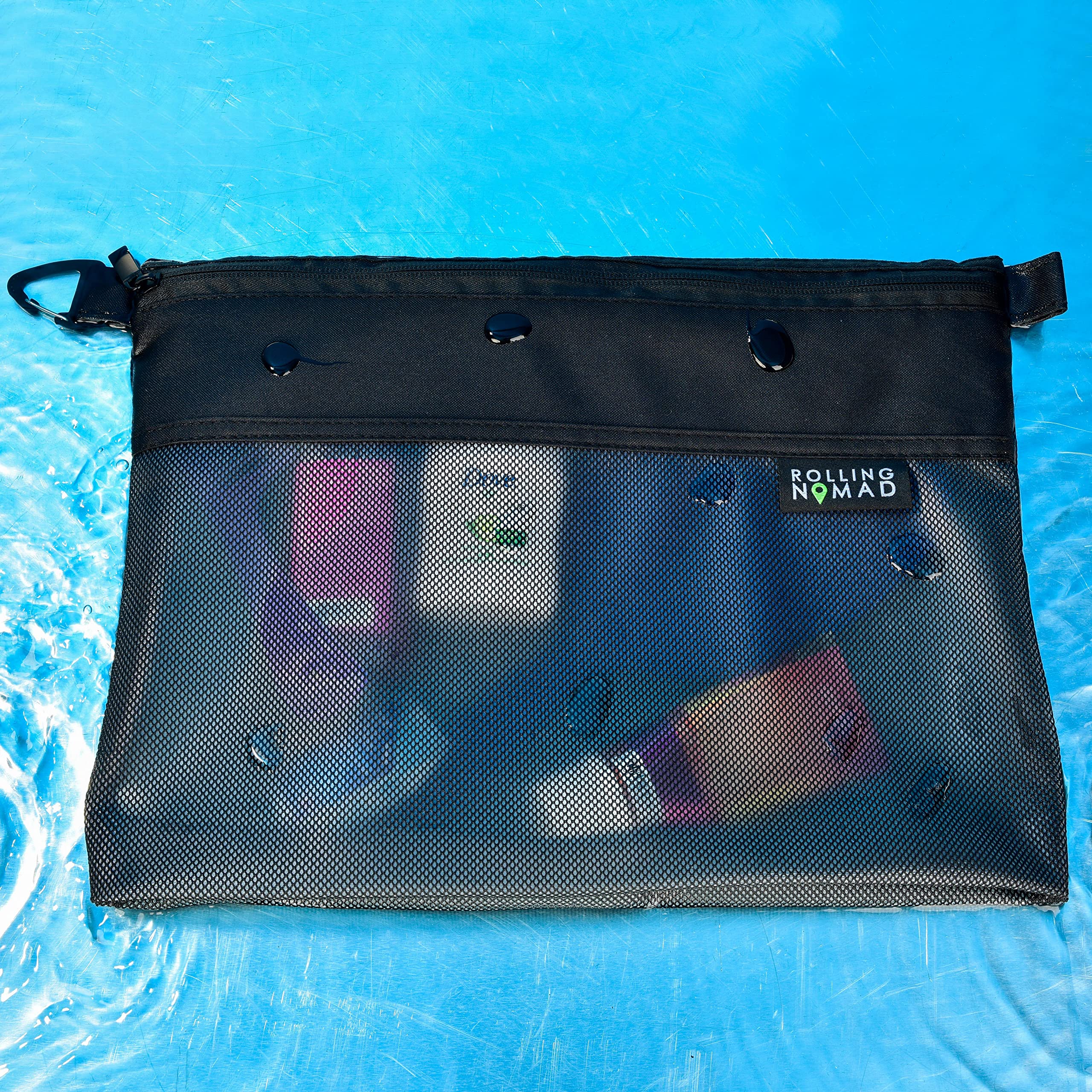 Rolling Nomad Large Zipper Pouch, Water-Resistant Mesh Bag, Black Travel Organizer, Toiletry, Storage, Cosmetics, Money Purse, Accesory, 14.2x10.2x0.4
