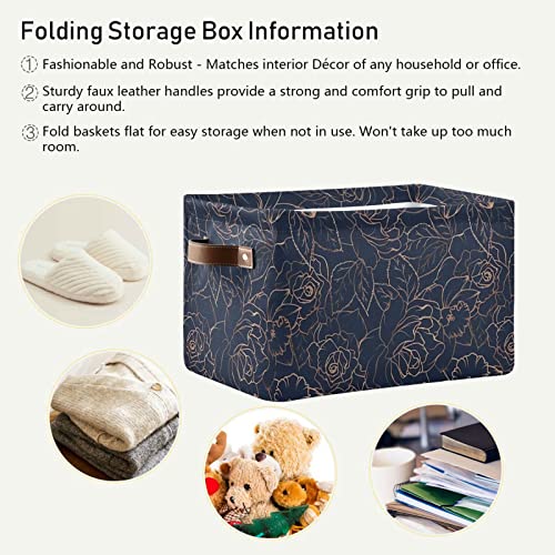 Gougeta Foldable Storage Basket with Handle, Floral Rose Peony Flower Navy Blue Rectangular Canvas Organizer Bins for Home Office Closet Clothes Toys 1 Pack