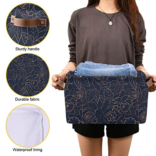Gougeta Foldable Storage Basket with Handle, Floral Rose Peony Flower Navy Blue Rectangular Canvas Organizer Bins for Home Office Closet Clothes Toys 1 Pack