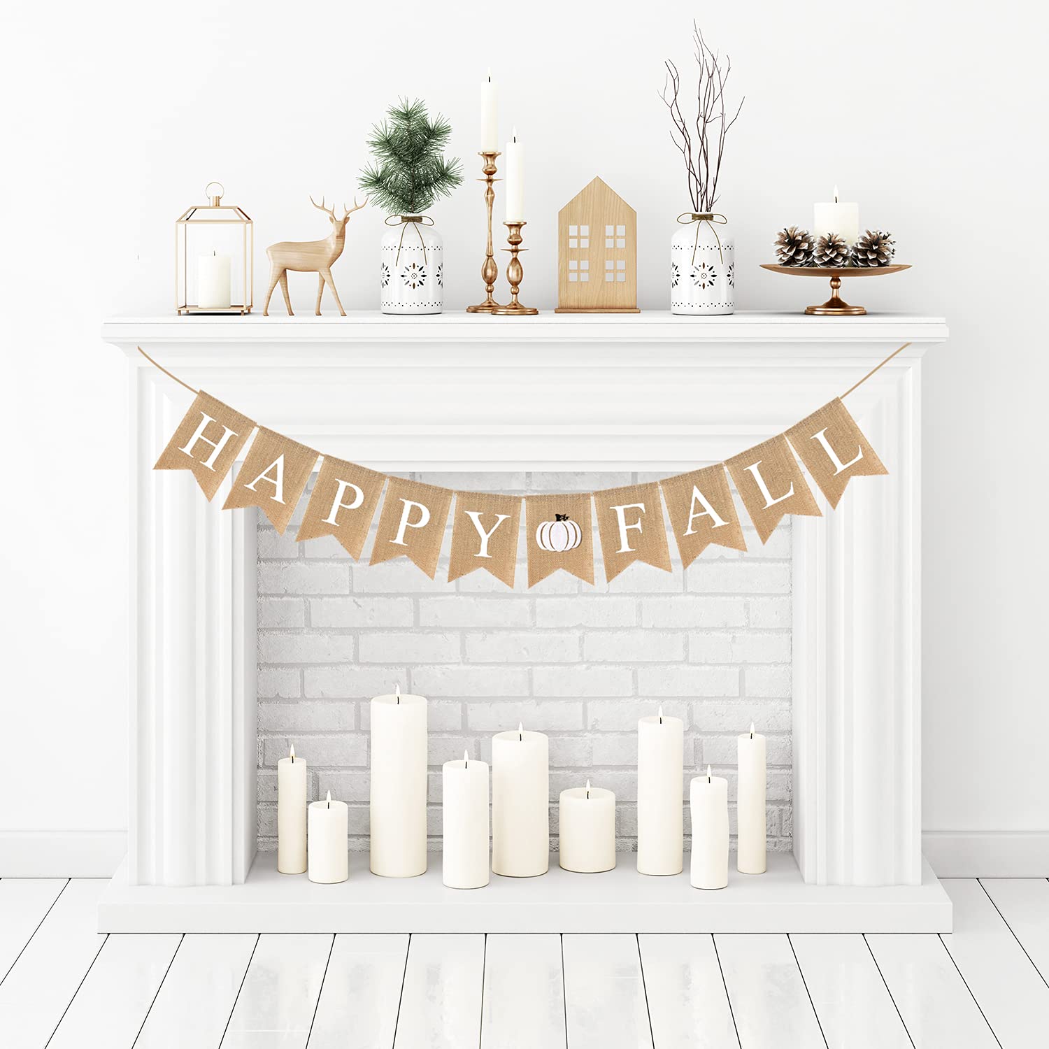 Adurself Happy Fall Burlap Banner White Jute Burlap Pumpkin Garland Harvest Mantel Fireplace Wall Hanging for Home Office School Party Decor Thanksgiving Decoration