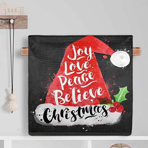 Large Collapsible Storage Bins,Christmas Hat Decorative Canvas Fabric Storage Boxes Organizer with Handles,Cube Square Baskets Bin for Home Shelves Closet Nursery Gifts