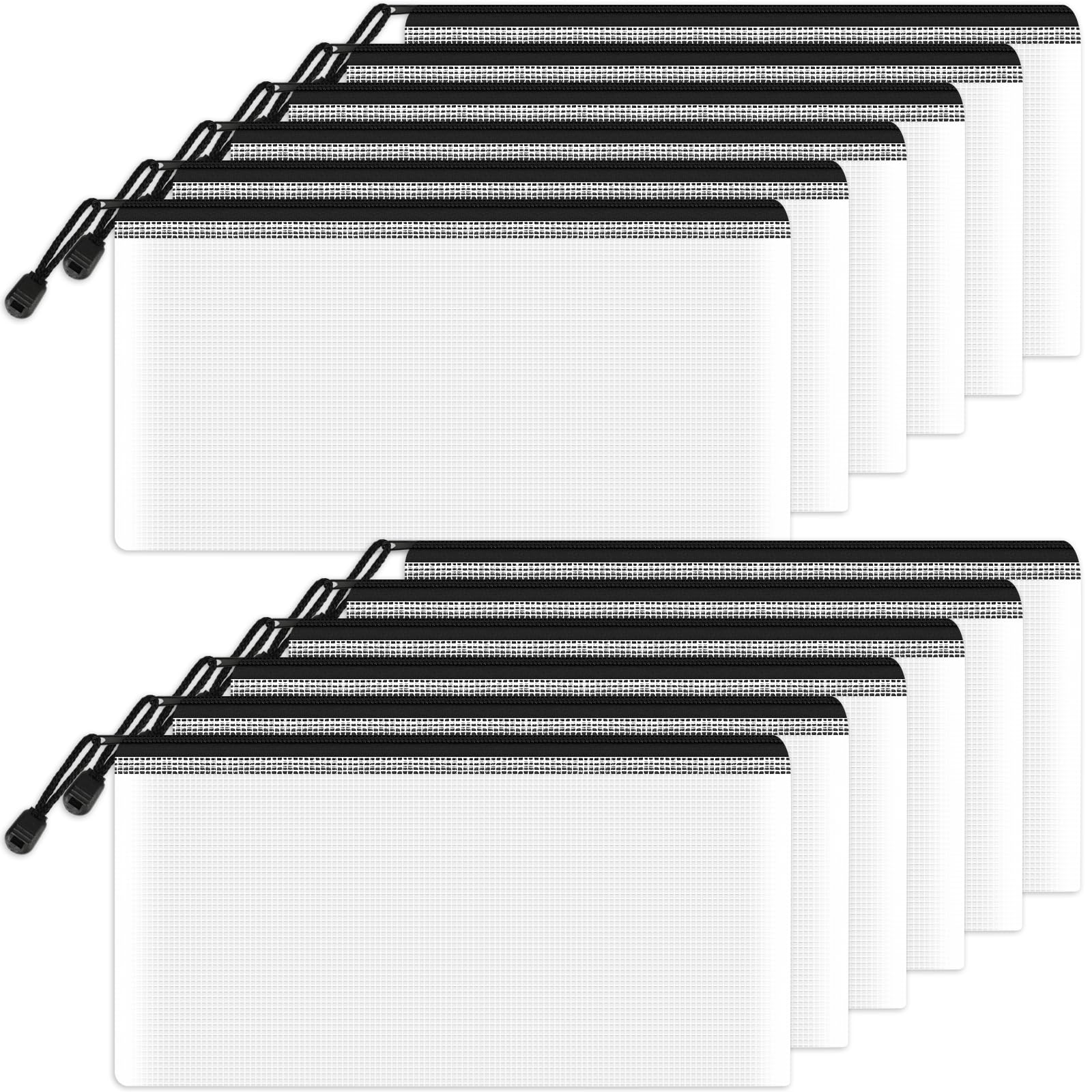 Smarpau Plastic Mesh Zipper Pouch Document Bag, 12 Pack Waterproof Zip File Folders for Office Supplies and Travel Storage (A6-9.4x4.7in, Black)