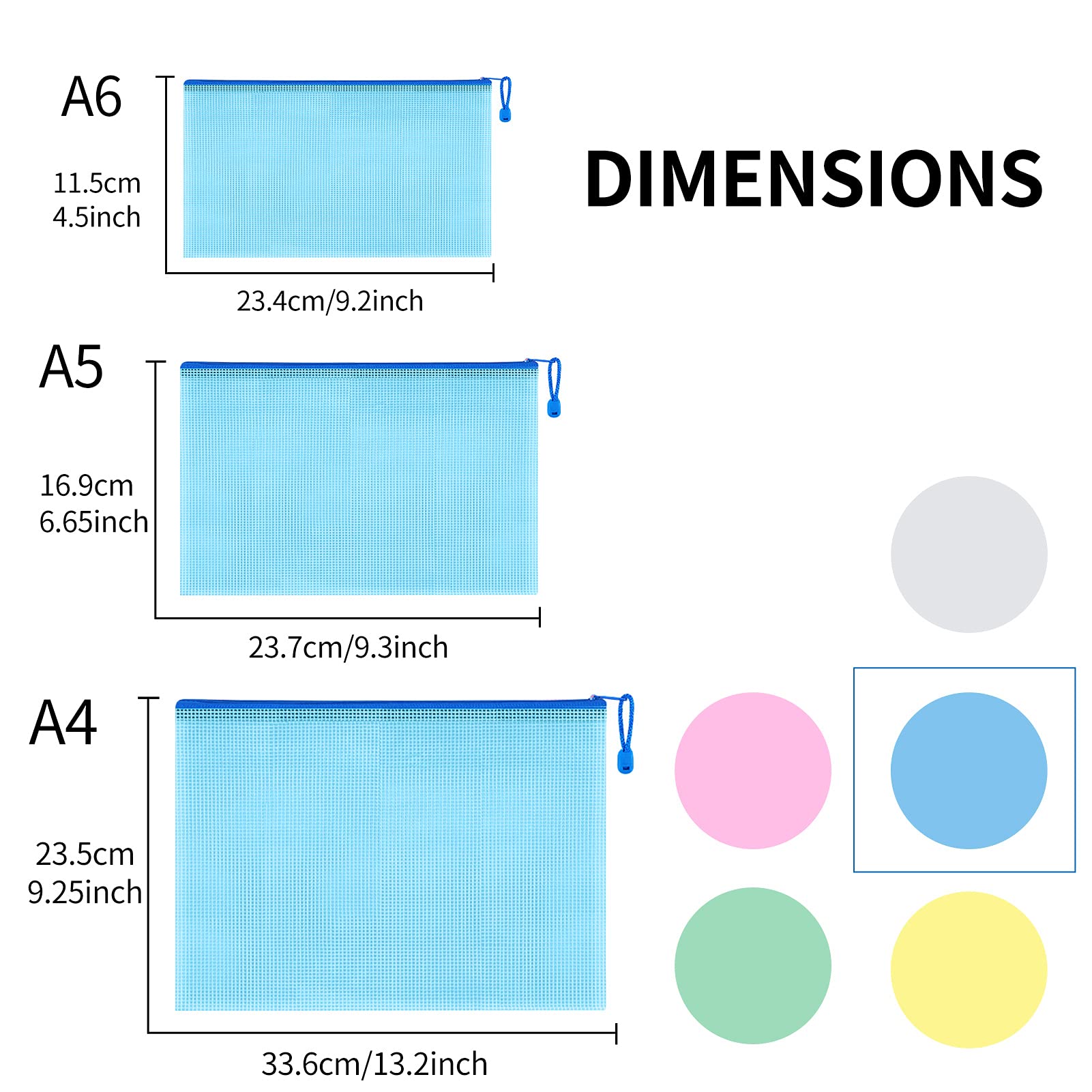 Toplive Plastic Mesh Zipper Pouch, 15 Packs (A4/A5/A6 Size,5 Colors) Waterproof Mesh Bag Document Bag File Folder for School Office Supplies