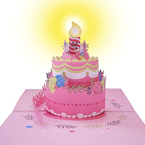 Blowable Candle 3D Birthday Pop Up Card, Musical Birthday Cards with Light, Music and Flower, Pink Cake Card, Blow Out LED Light Candle and Play Happy Birthday Song Greeting Card for Women Wife, Girlfriend, Mom