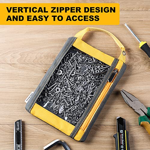 Clear Small Tool Pouch Bags, Zippered Pouches for Organization with 3 Clips, Transparent PVC Fastener Bag with Handle for Small Parts, Socket, Wrenches, Bits and Screwdrivers 2 Pack