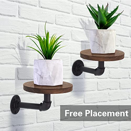 KeaJuidy Wall Mounted Floating Shelves Round Display Rack with Metal Industrial Pipe Brackets, 5.9 inch Industrial Pipe Shelving for Bedroom, Bathroom, Living Room, Kitchen, Set of 2