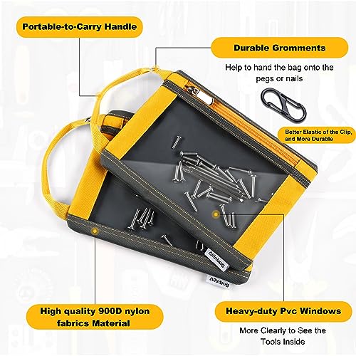 Clear Small Tool Pouch Bags, Zippered Pouches for Organization with 3 Clips, Transparent PVC Fastener Bag with Handle for Small Parts, Socket, Wrenches, Bits and Screwdrivers 2 Pack