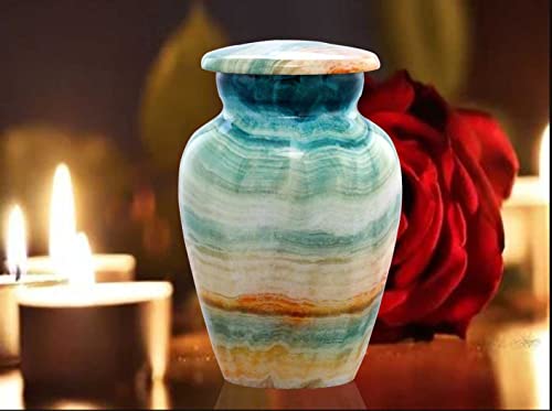 Keepsake Urn | Marble Finish Keepsake Cremation Urn for Ashes | Metal Sharing Urn for Human or Pets Ashes | Mini Memorial Urn with Velvet Bag (Blue Marsh)