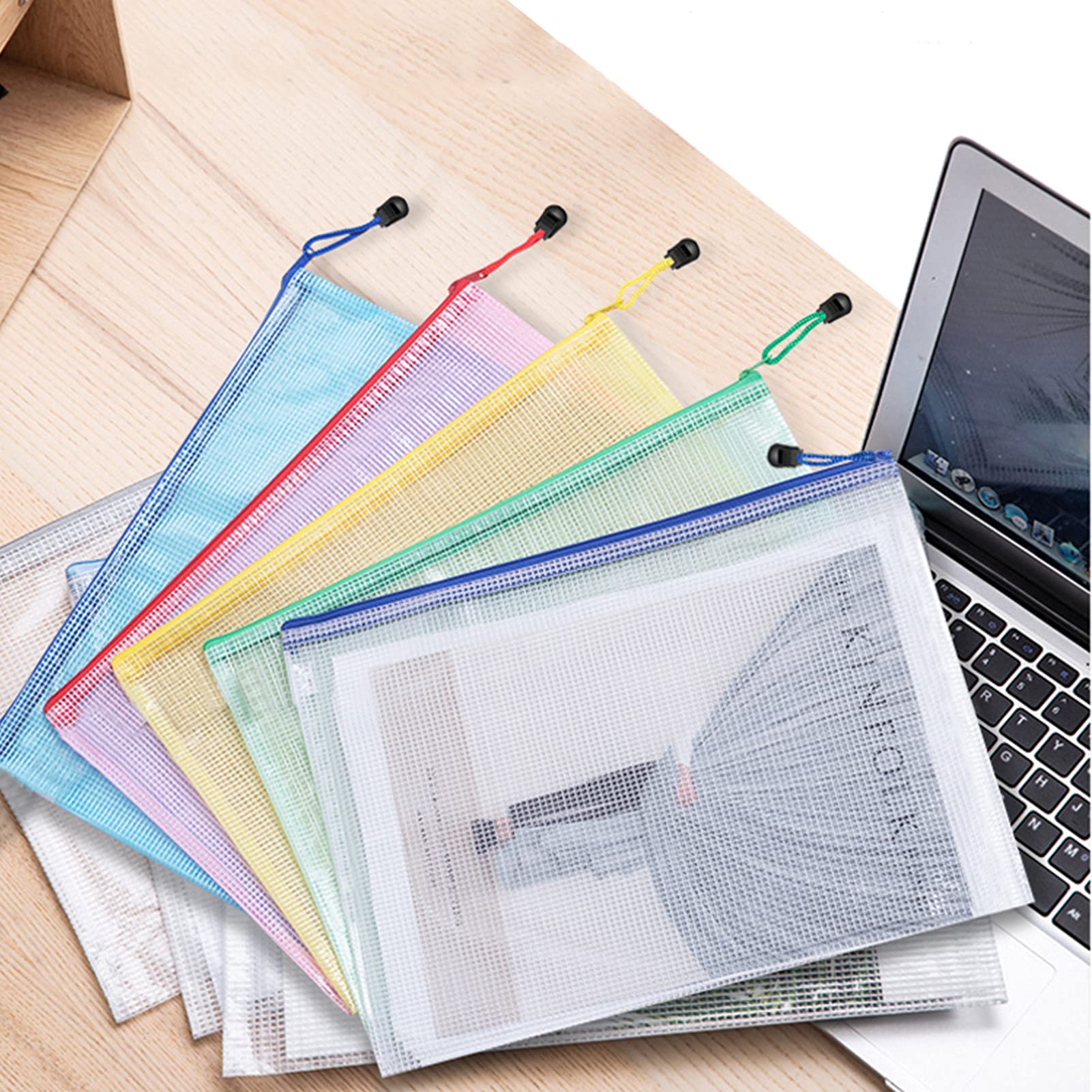 Toplive Plastic Mesh Zipper Pouch, 15 Packs (A4/A5/A6 Size,5 Colors) Waterproof Mesh Bag Document Bag File Folder for School Office Supplies