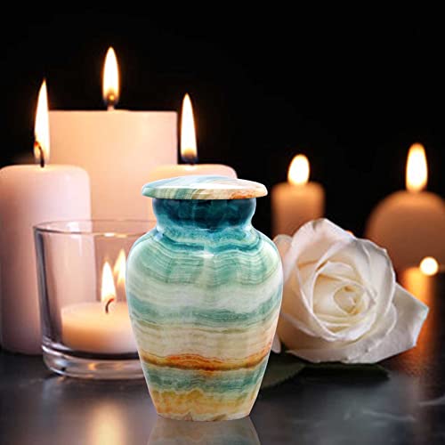 Keepsake Urn | Marble Finish Keepsake Cremation Urn for Ashes | Metal Sharing Urn for Human or Pets Ashes | Mini Memorial Urn with Velvet Bag (Blue Marsh)