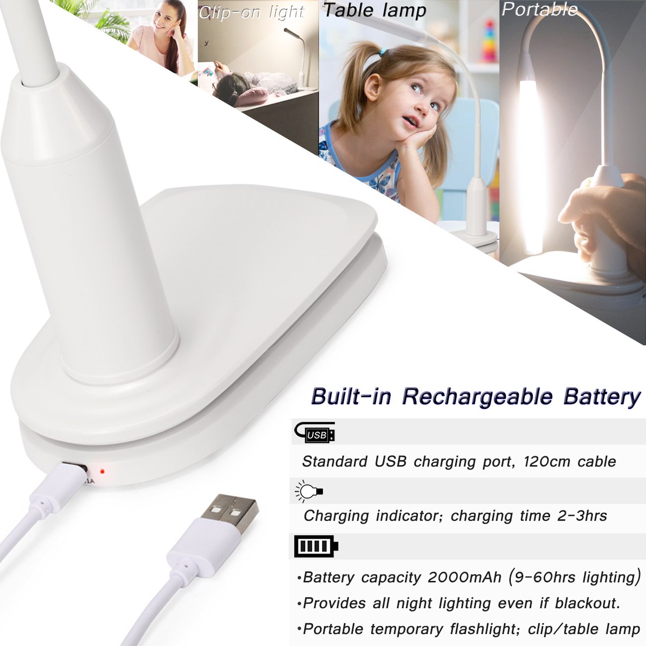 AnSun Rechargeable LED Desk Lamp Clip on Table Light with Battery Powered (2000mAh) 3 Color, Stepless Dimmable Touch Control 360° Flexible Reading Clamp Lamp for Study Bedroom Office (White)
