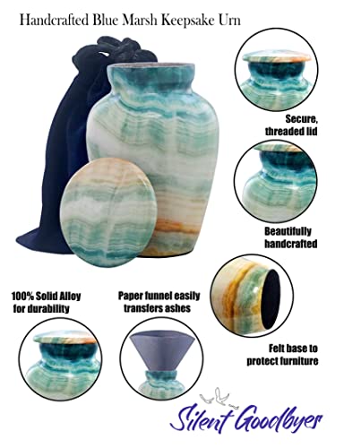 Keepsake Urn | Marble Finish Keepsake Cremation Urn for Ashes | Metal Sharing Urn for Human or Pets Ashes | Mini Memorial Urn with Velvet Bag (Blue Marsh)