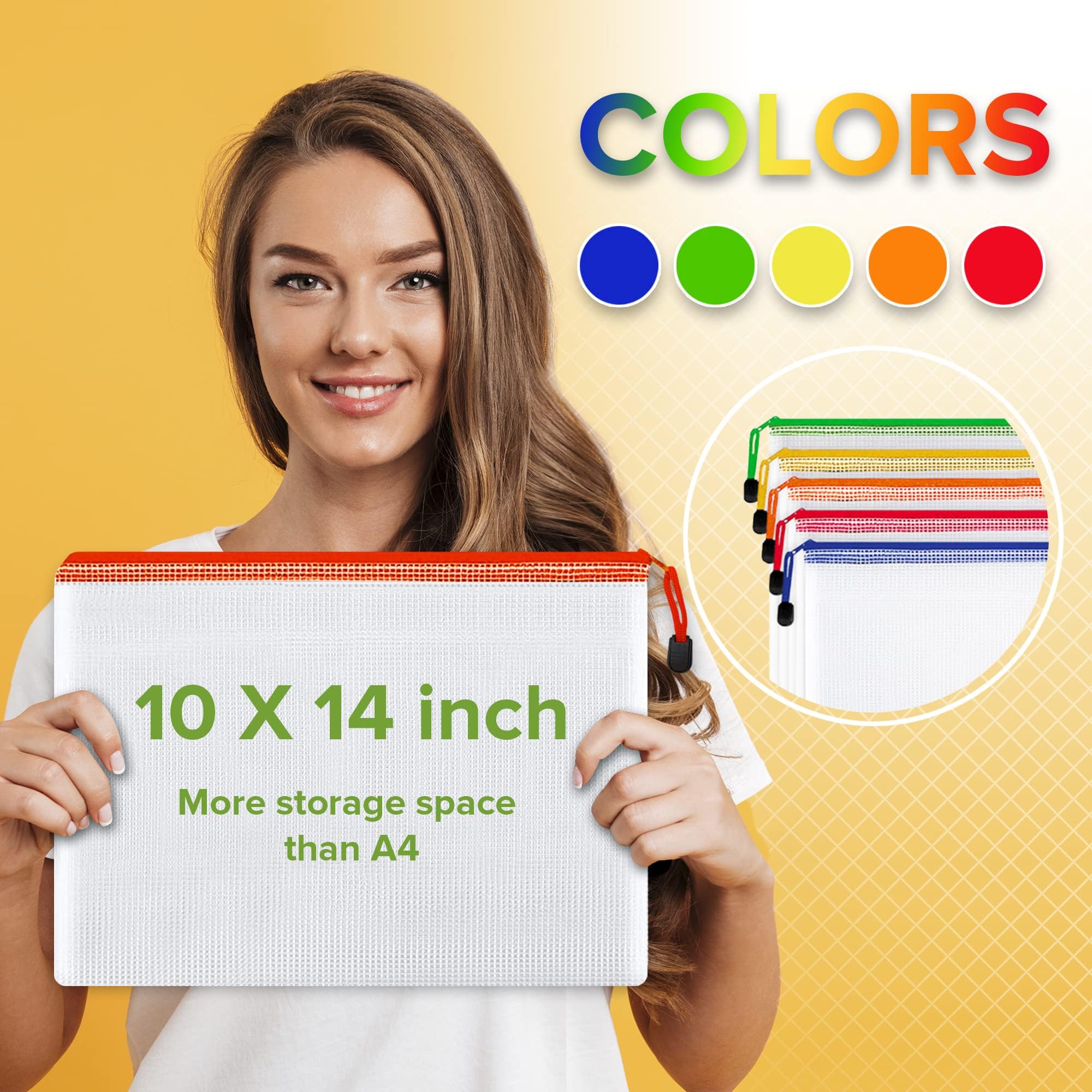 5 Pack Mesh Zipper Pouch Bags 10x14 inch - Plastic Zipper Pouches for Organizing - Document Bags With Zippered - Letter Size Zippered Pouch - Document Pouches