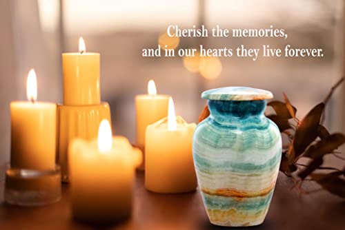 Keepsake Urn | Marble Finish Keepsake Cremation Urn for Ashes | Metal Sharing Urn for Human or Pets Ashes | Mini Memorial Urn with Velvet Bag (Blue Marsh)