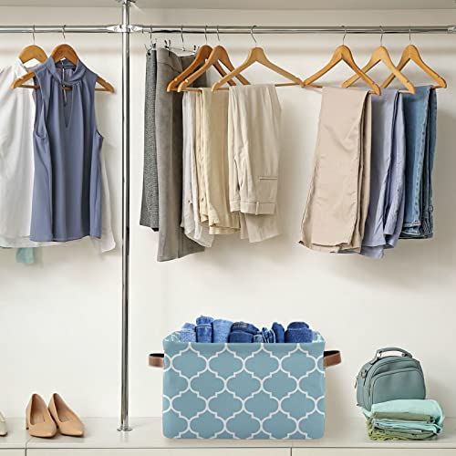 Moroccan Tile Lattice Storage Basket Blue White Storage Organizer Box Bin Large Collapsible Cube Baskets with PU Handles for Shelf Closet Nursery Laundry 1 Pack