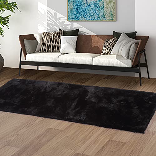 CAROMIO Fluffy Runner Rug Black Faux Fur Area Rug Shaggy Couch Cover Seat Cushion Furry Carpet Beside Rugs Floor Cover for Bedroom Sofa Living Room, Rectangle 2 x 6 Feet