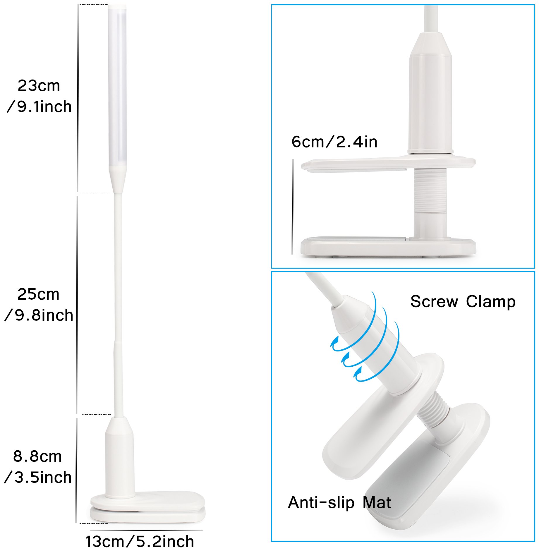 AnSun Rechargeable LED Desk Lamp Clip on Table Light with Battery Powered (2000mAh) 3 Color, Stepless Dimmable Touch Control 360° Flexible Reading Clamp Lamp for Study Bedroom Office (White)