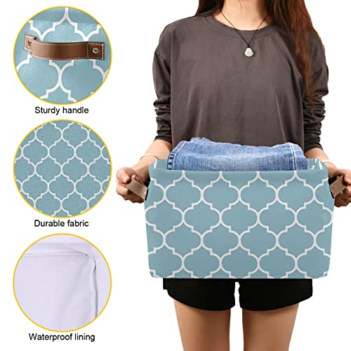 Moroccan Tile Lattice Storage Basket Blue White Storage Organizer Box Bin Large Collapsible Cube Baskets with PU Handles for Shelf Closet Nursery Laundry 1 Pack
