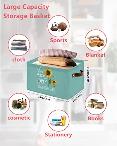 Storage Organizer Bins Set of 1 Storage Baskets for Clothes on Shelves With Handles Summer Farm Sunflower Sunshine Teal Green Rectangular Fabric Laundry Baskets for Organizing