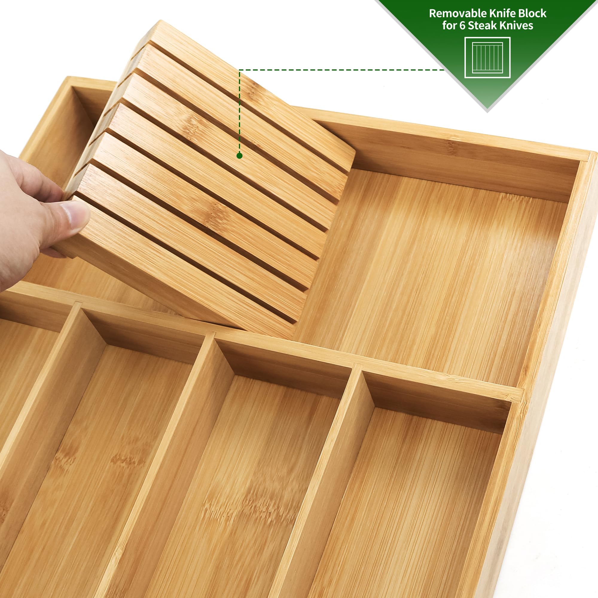 VaeFae Bamboo Silverware Organizer, Utensil Holder for Drawer, Wooden Cutlery Tray with Divider for Kitchen, Flatware Storage and Removable Knife Block, 13 x 17 inches