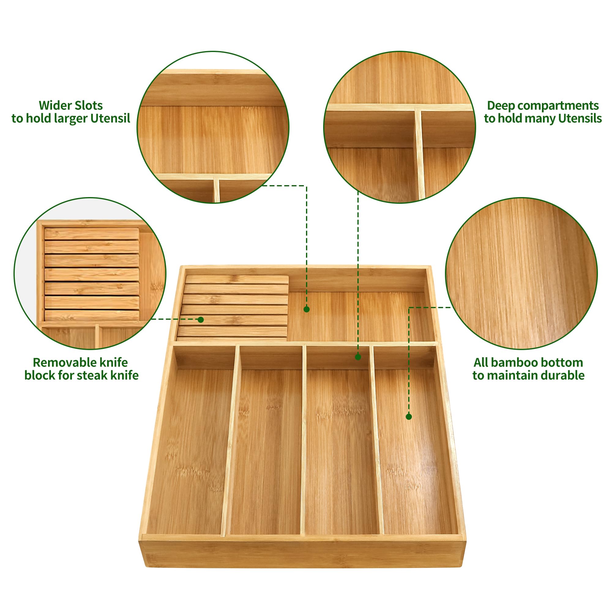 VaeFae Bamboo Silverware Organizer, Utensil Holder for Drawer, Wooden Cutlery Tray with Divider for Kitchen, Flatware Storage and Removable Knife Block, 13 x 17 inches