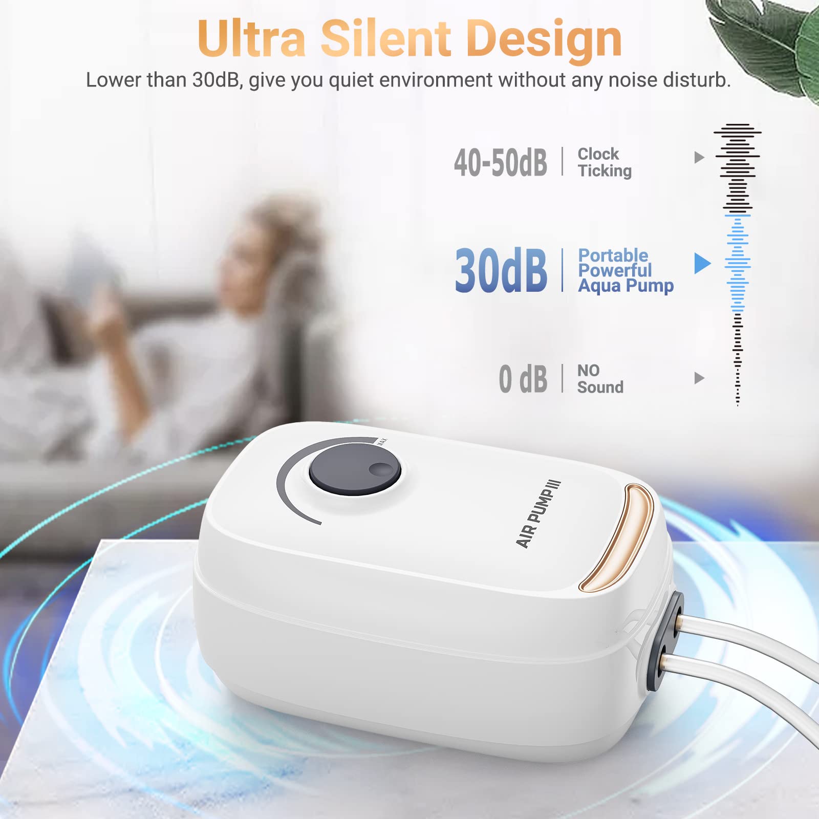MoonOrange 3W Aquarium Air Pump, Adjustable Aquarium Aerator with 2-Outlet, Super-Powerful & Quiet Oxygen Pump for Fish Tanks up to 100 Gallon with Full Accessories.(Upgrade Noise-Reduce)