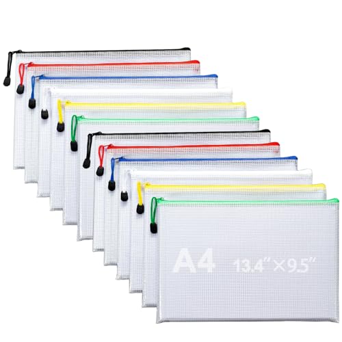 12-Pack Mesh Zipper Pouch Bags | A4 Zippered Pouches with Lanyard Design Perfect for Organizing & Protecting Documents and Items | Waterproof Zip Bags for Storage, Toy & Travel | 6 Colors Available.