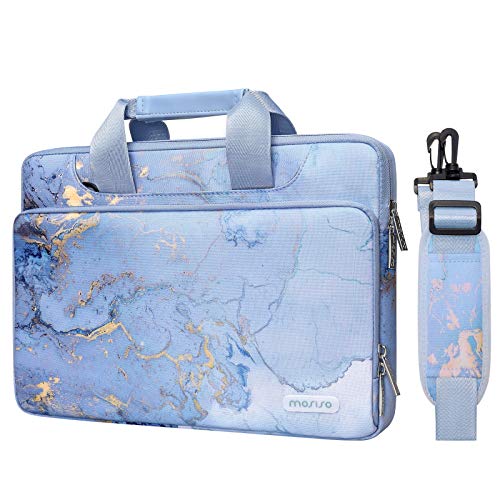 MOSISO 360 Protective Laptop Shoulder Bag Compatible with MacBook Air/Pro,13-13.3 inch Notebook,Compatible with MacBook Pro 14 2023-2021 A2779 M2 A2442 M1, Watercolor Marble Sleeve with Belt, Blue