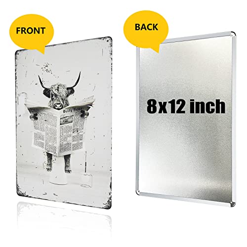 Funny Highland Cow Bathroom Decor Wall Art,Bathroom Pictures for Wall,Rustic Farmhouse Style Funny Bathroom Signs (8x12 inch)