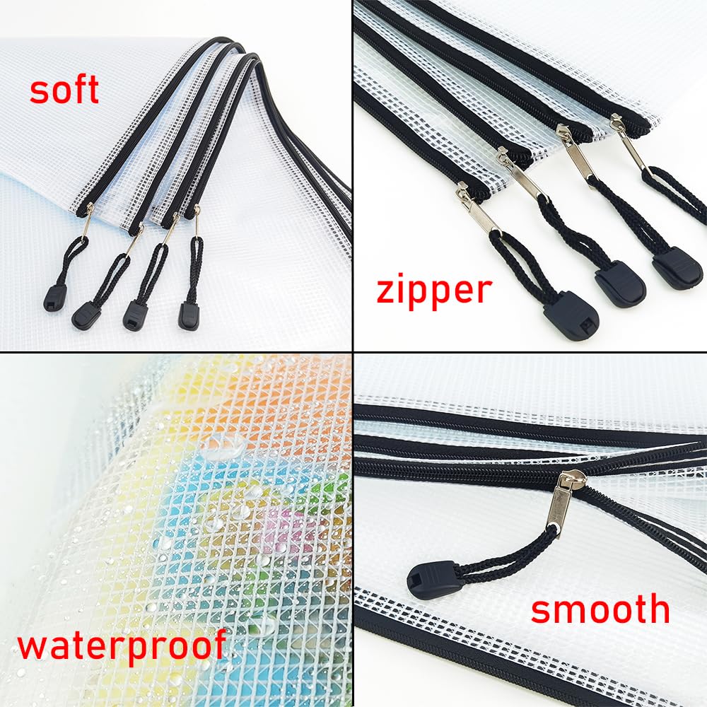 AUSTARK 10 Pcs Zipper File Bags, Waterproof Plastic Mesh Pouch for Office School, Board Game Storage Bags (B6 Size 7.6''x5.3'', White and Black)