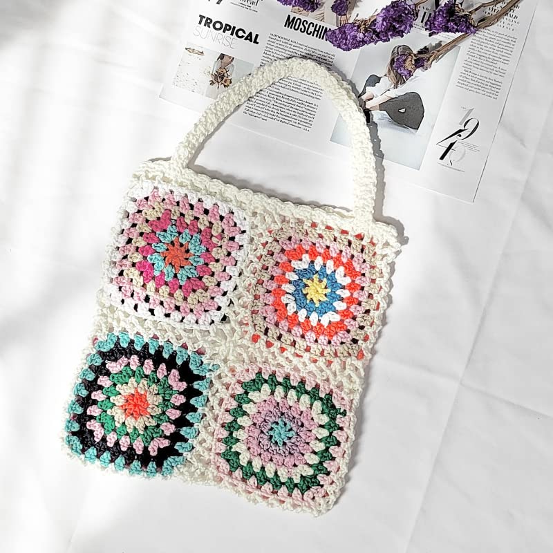 White Granny Square Handmade Crochet Flowers Shoulder Vintage Style Tote Bag Romantic Handbags Diy Kintting 01Sky blue