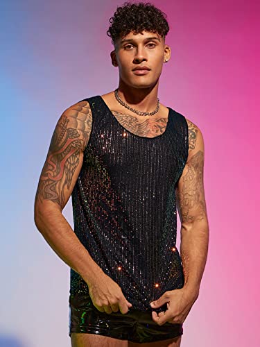 WDIRARA Men's Sequin Sleeveless Round Neck Tank Top T Shirt Party Top Black Sequins M