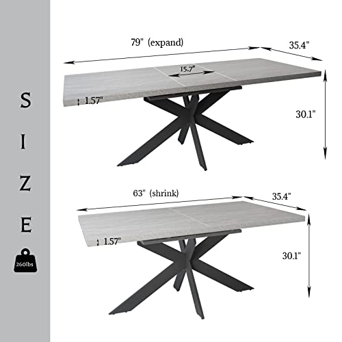 Expandable Dining Table Set for 6-8 Seat, Rectangular Modern Kitchen Thicker Top, 6 Faux Leather Dining Chairs and Non-Slip Pad, Extendable 63'' to 79'' with Extension Leaf for Kitchen Restaurant