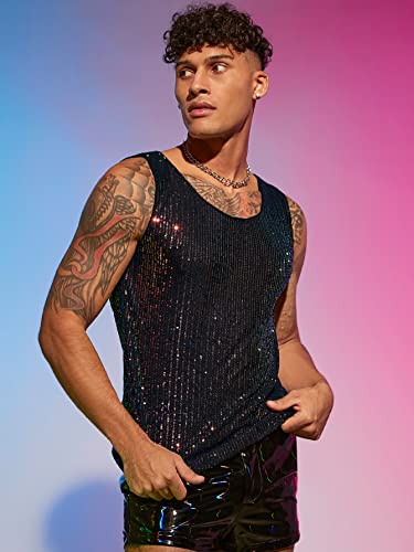 WDIRARA Men's Sequin Sleeveless Round Neck Tank Top T Shirt Party Top Black Sequins M