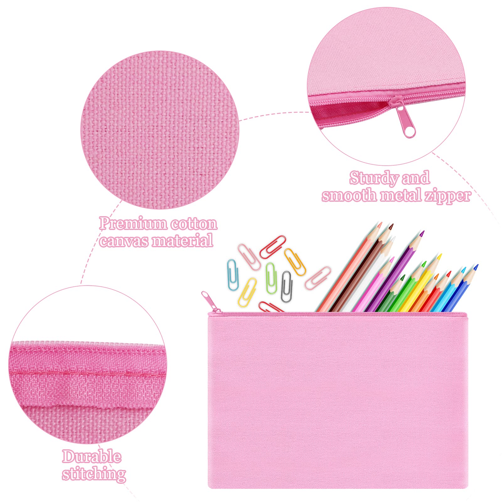 Sinzip 12 Pieces Cotton Canvas Makeup Bag, Multipurpose Cosmetic Bag with Zipper Travel Toiletry Pouch, Blank DIY Craft Bag (Pink, S)