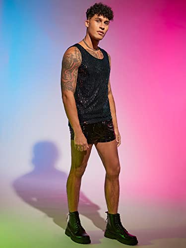 WDIRARA Men's Sequin Sleeveless Round Neck Tank Top T Shirt Party Top Black Sequins M