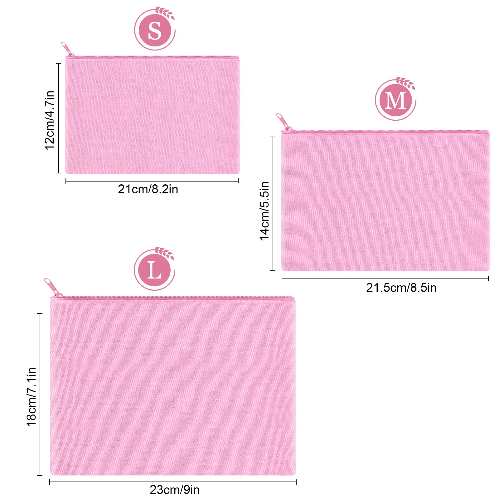 Sinzip 12 Pieces Cotton Canvas Makeup Bag, Multipurpose Cosmetic Bag with Zipper Travel Toiletry Pouch, Blank DIY Craft Bag (Pink, S)