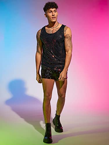 WDIRARA Men's Sequin Sleeveless Round Neck Tank Top T Shirt Party Top Black Sequins M