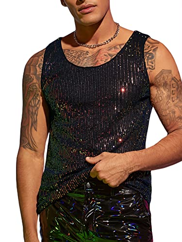 WDIRARA Men's Sequin Sleeveless Round Neck Tank Top T Shirt Party Top Black Sequins M