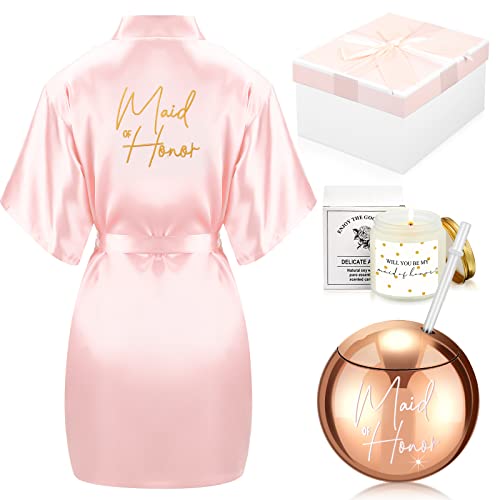 Maid of Honor Proposal Gifts Includes Maid of Honor Short Silk Robes Will You Be My Maid of Honor Bridesmaid Candle Drink Tumbler with Straw and Gift Box for Wedding Bachelorette Party(Maid of Honor)