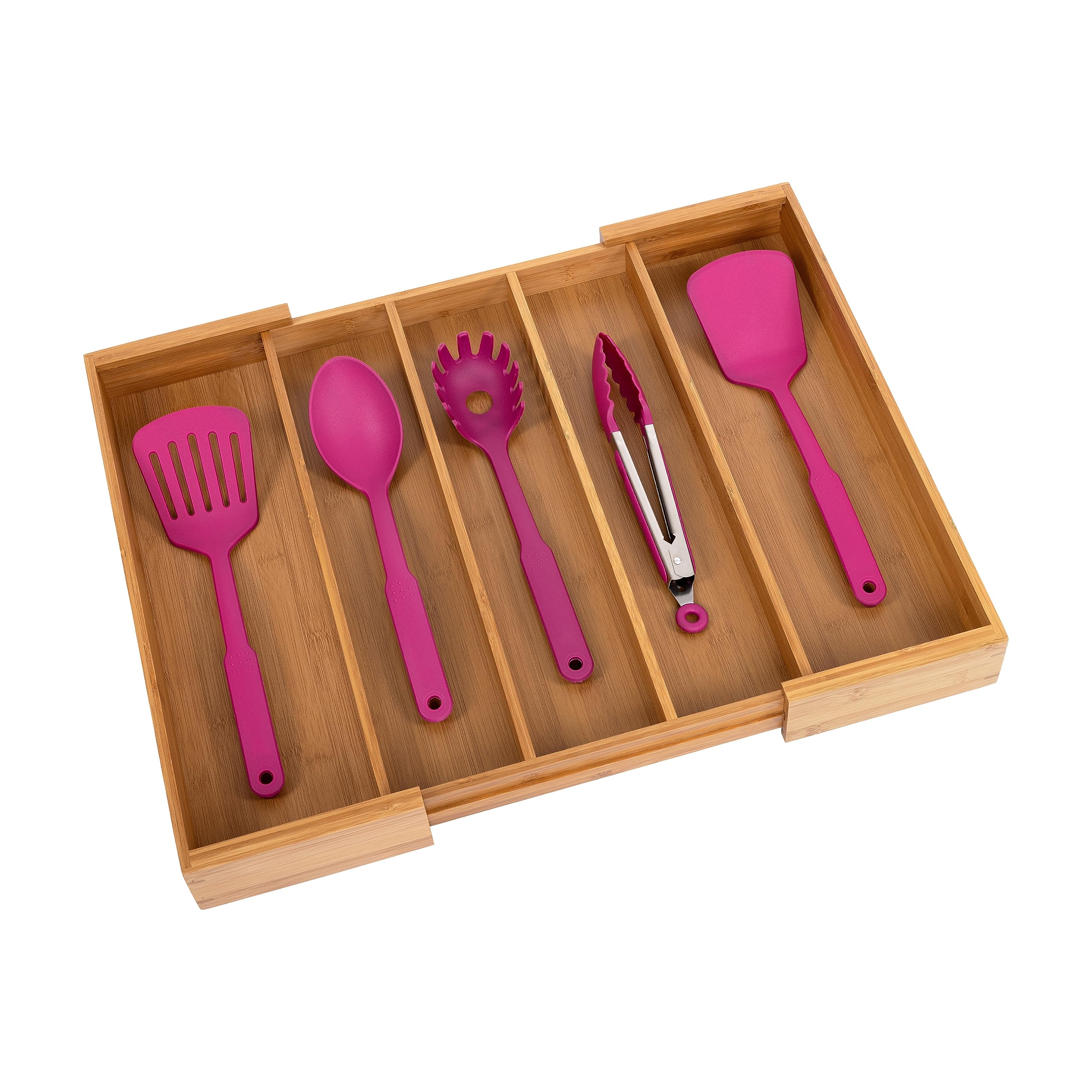 Seville Classics Bamboo Premium Organizer Storage Bins for Kitchen Silverware, Pantry, Closet, Office Desk, Pens, Utensils, Makeup, K Cup, Bamboo, Expandable Tray (5 Compartment)