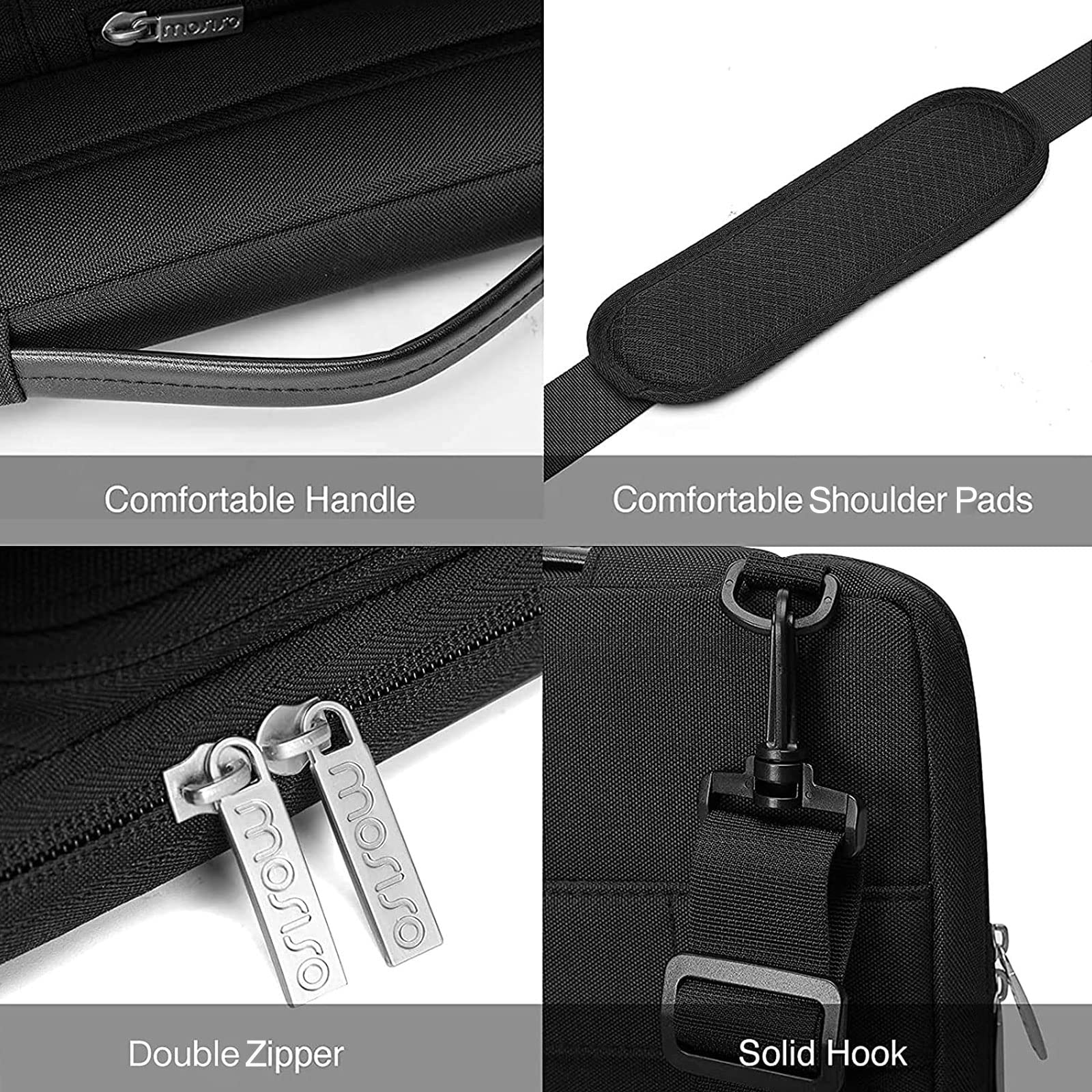 MOSISO 360 Protective Laptop Shoulder Bag Compatible with MacBook Air/Pro,13-13.3 inch Notebook,Compatible with MacBook Pro 14 inch 2023-2021,Side Open Sleeve with 3 Front Pockets&PU Handle&Belt,Black