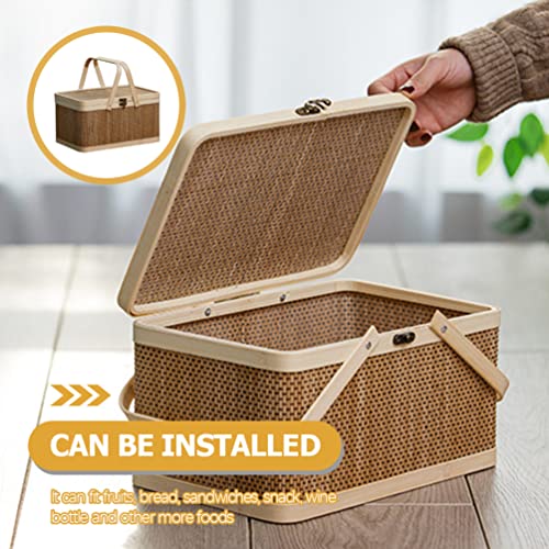 Gadpiparty Large Bamboo Basket Natural -Friendly Woven Basket Bamboo Picnic Basket with Lid Handheld Snacks Bread Storage Basket for Camping - 11.79X7.86X6.48inch