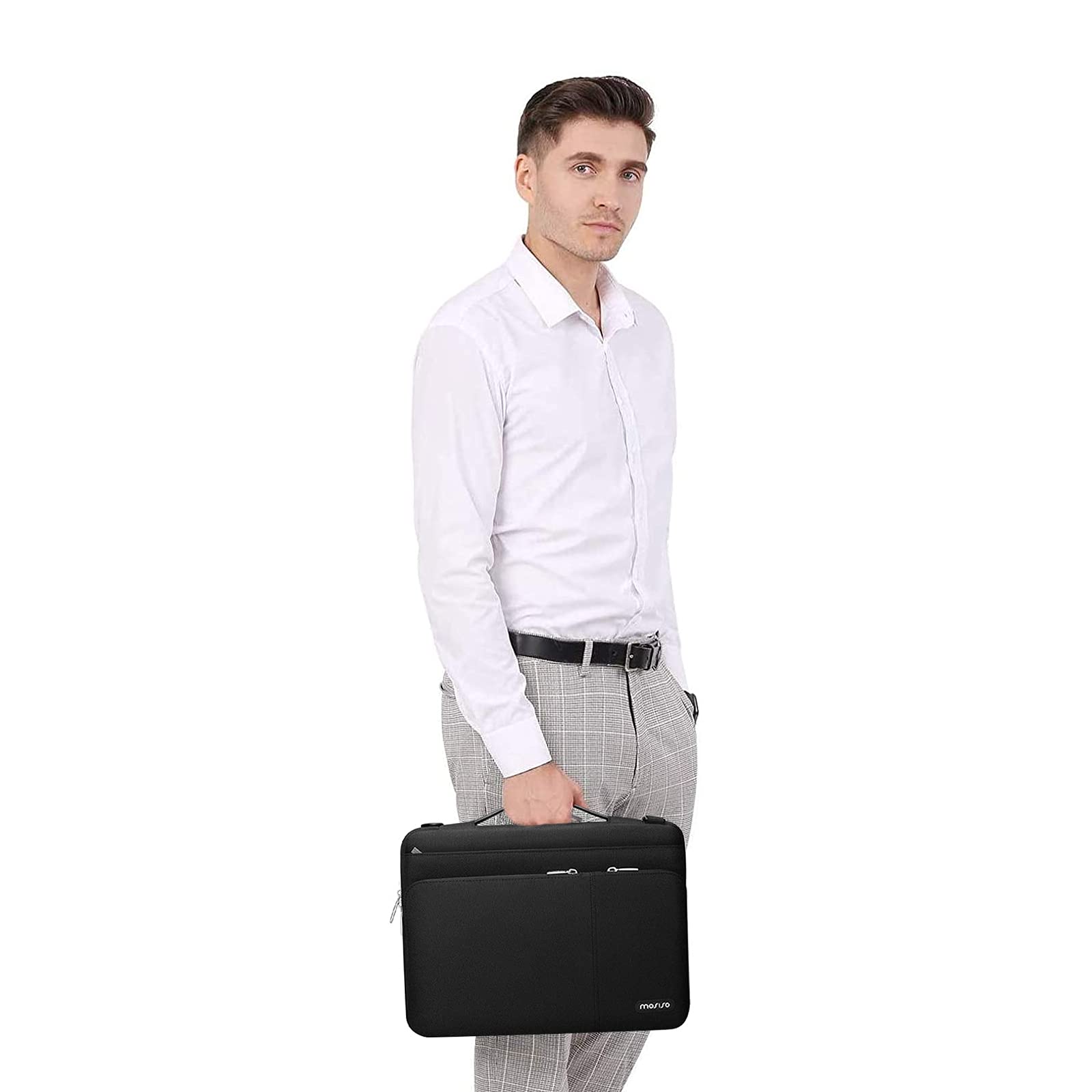 MOSISO 360 Protective Laptop Shoulder Bag Compatible with MacBook Air/Pro,13-13.3 inch Notebook,Compatible with MacBook Pro 14 inch 2023-2021,Side Open Sleeve with 3 Front Pockets&PU Handle&Belt,Black