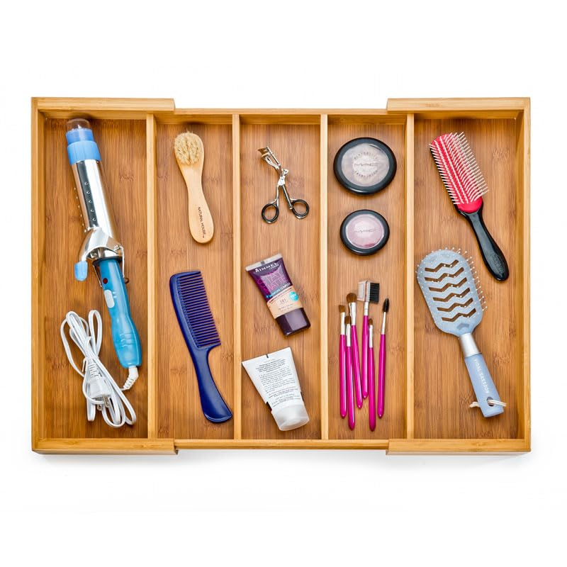 Seville Classics Bamboo Premium Organizer Storage Bins for Kitchen Silverware, Pantry, Closet, Office Desk, Pens, Utensils, Makeup, K Cup, Bamboo, Expandable Tray (5 Compartment)
