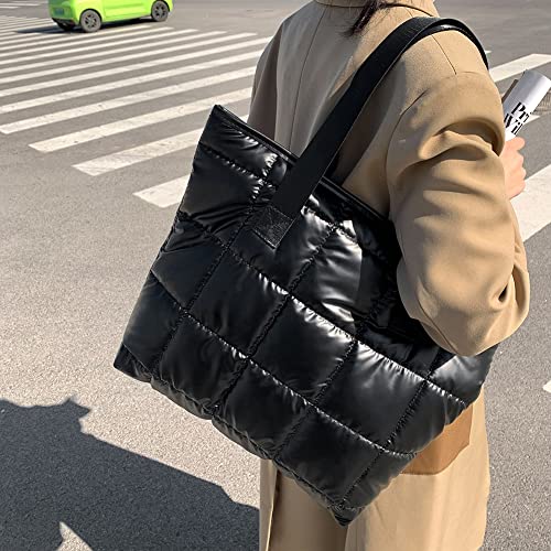 AZURAOKEY Puffer Tote Bag for Women, Women Nylon Shoulder Bag Design Space Padded Messenger Bag Solid Color Handbag
